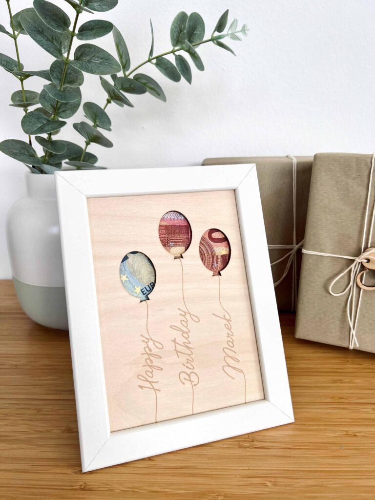 Bilderrahmen Geldgeschenk Holzbild „Happy Birthday“, Ballon zum ...